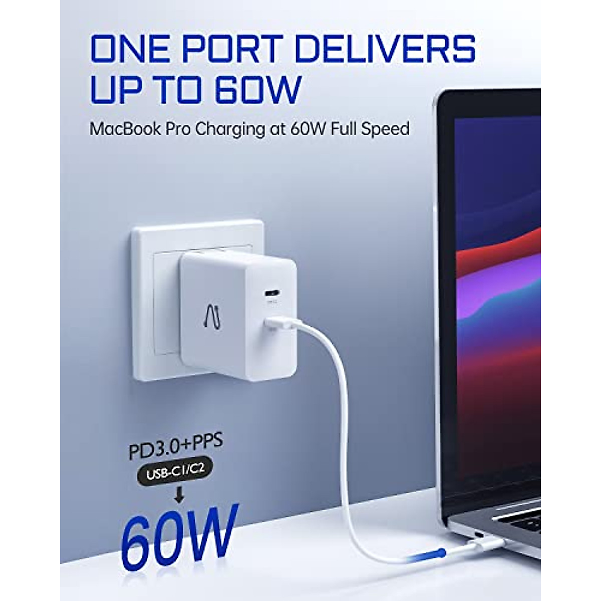 USB C Wall Charger, Aergiatech 60W PD 3.0 PPS GaN Charger, USB C Fast Charger Block Dual Port with Foldable Plug for MacBook Air, iPad Air/Pro, iPhone 13 Pro Max, Galaxy S22+/S22 Ultra, Pixel, White