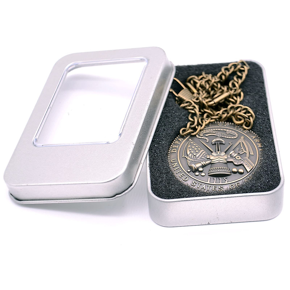 Ddjbdb Mens Pocket Watches with Fob Chain&Necklace Chain Pocket Watch Box Quartz America Department of The Army Bronze