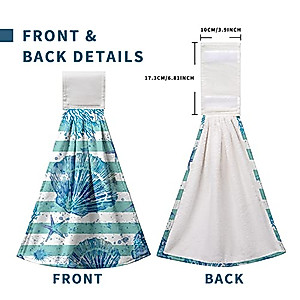 Kwlegh Coastal Seashells Hanging Hand Towels Set of 2 Teal Stripes Tie Towels Summer Starfish Bathroom Towels Absorbent Kitchen Towels with Hanging Loop for Bathroom for Bathroom Kitchen 12x17 Inch