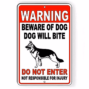 Warning Beware of Dog Will Bite Do Not Enter German Shepherd Metal Sign