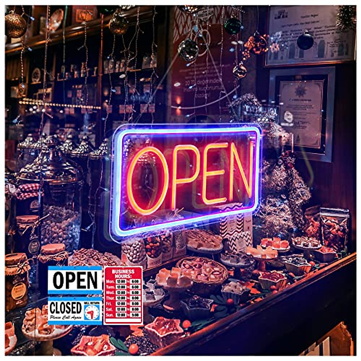 Open Signs for Business,Neon Open Sign Led,16.5"x 9",with Open/Closed Bussiness Hour Sign Set,Light for Bar Coffee Salon Store Window,12V/2A Adapter with ON/OFF Switch (Blue/Red Horizontal)