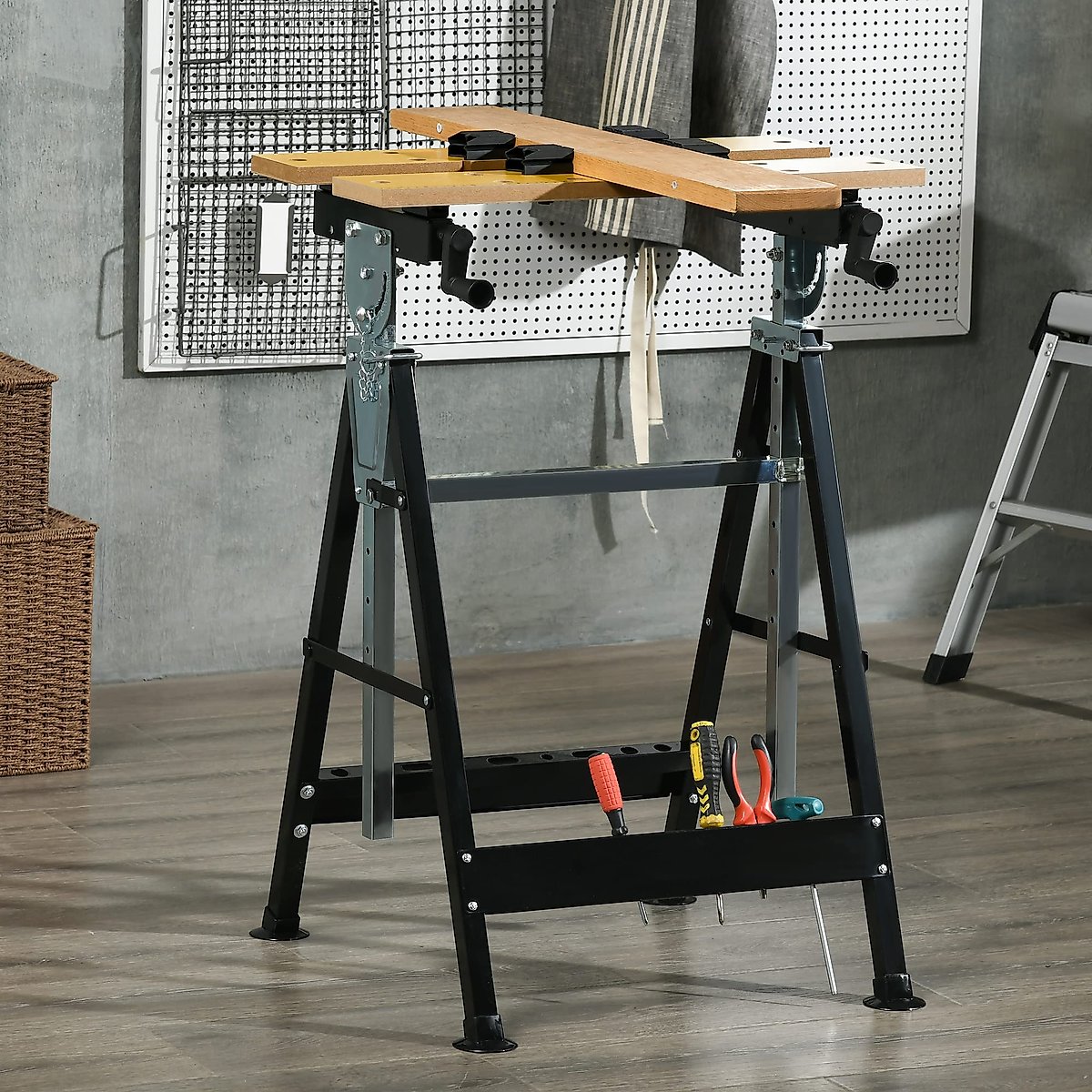 HOMCOM Work Bench Tool Stand with Adjustable Height and Angle, Carpenter Saw Table with 4 Clamps, Steel Frame, 220lbs Capacity