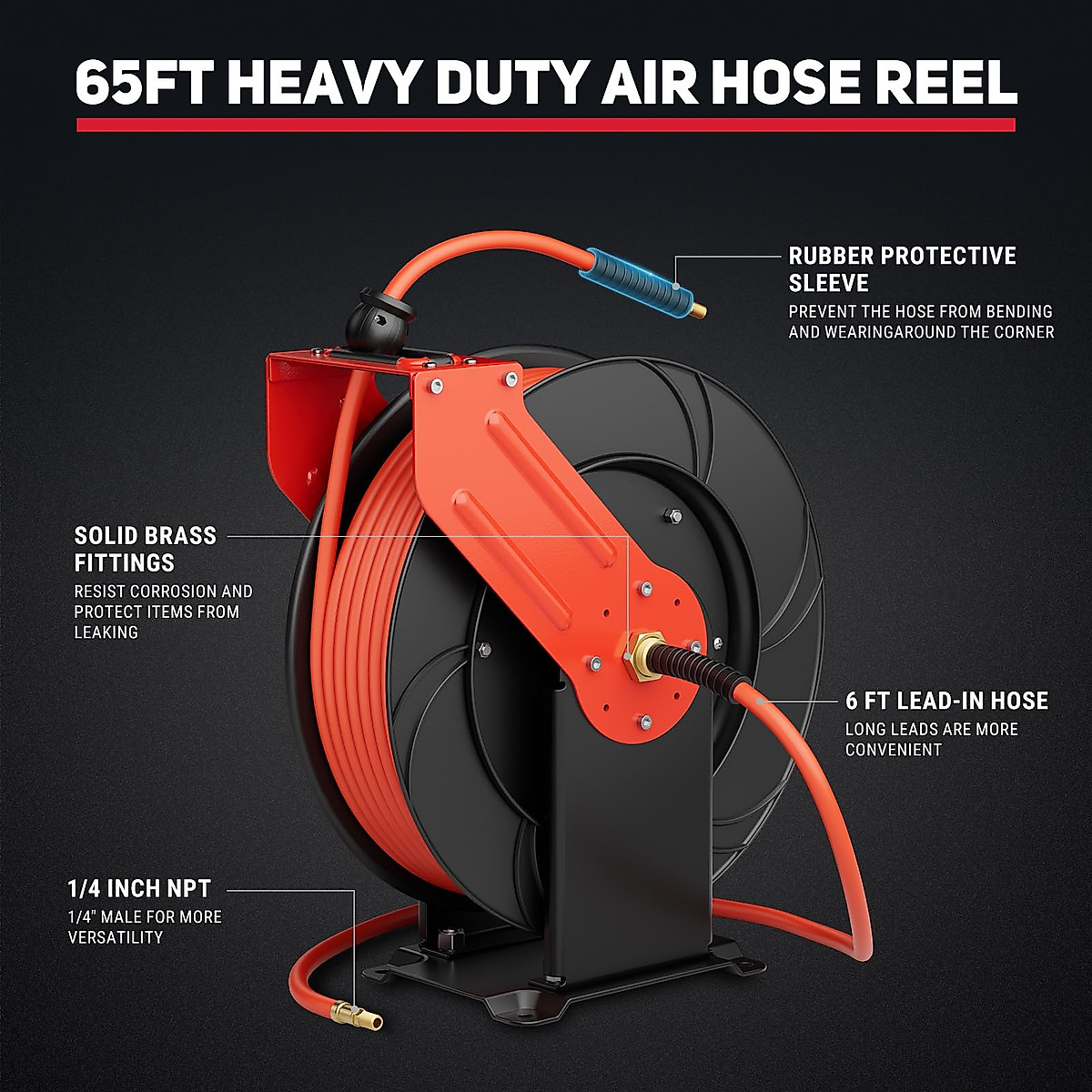 Air Hose Reel, 3/8 In X 65 ft Retractable Air Hose Reel, Double Arm & Auto Rewind Air Compressor Hose Reel Heavy Duty Air Tool Hose Reels with 6 ft Lead In Max 300PSI for Ceiling/Wall Mounts