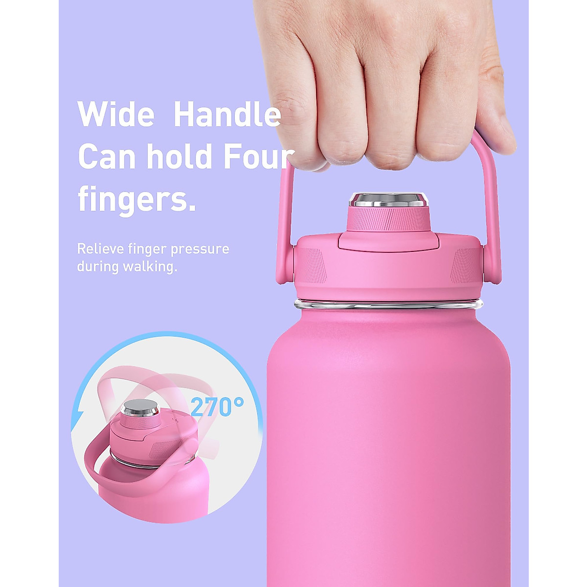 TOURIT 32 oz Insulated Water Bottle, Stainless Steel Sports Water Bottles With Top Handle, Double-Wall Travel Thermal Water Flask, BPA Free Leakproof Thermos Bottle for Sports and Travel,Pink