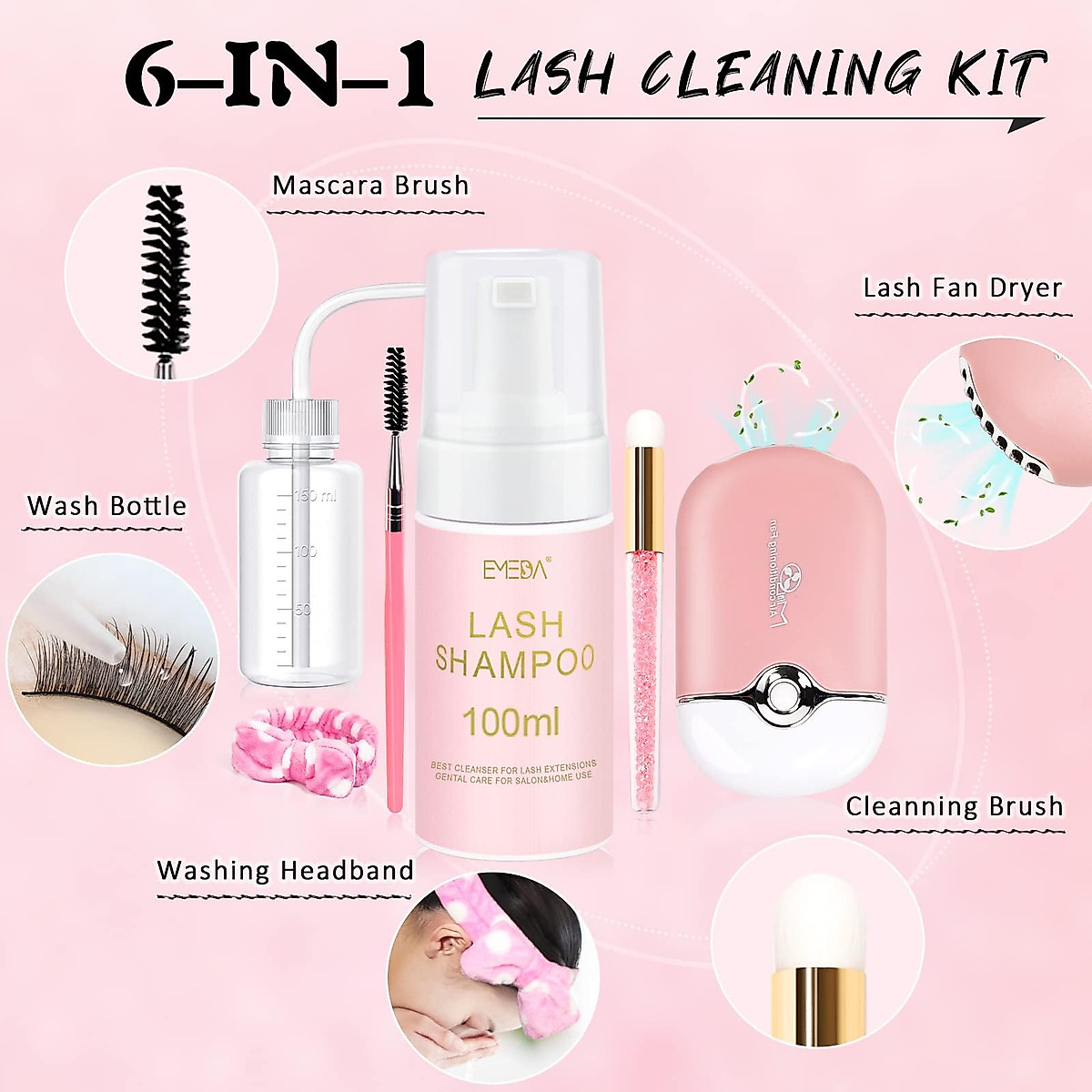 EMEDA Lash Shampoo for Extensions Cleaning Bath Kit for Cluster Lashes, Fan Brush Wash Bottle Hair Band, Oil Free Foam Soap Cleaner, Eyelash Cleanser
