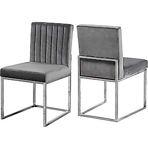 Meridian Furniture Giselle Collection Modern | Contemporary Velvet Upholstered Dining Chair with Durable Metal Base, Set of 2, 18" W x 22" D x 32" H, Grey