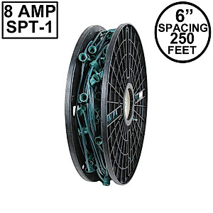 Novelty Lights 250 Foot C7 Christmas Stringer Bulk Reel, Green Wire, 6" Spacing, Candelabra Base (C7/E12), SPT-1 8 AMP Wire