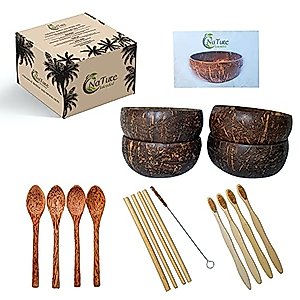 Patterned Jumbo Organic Coconut Bowls with Spoons (coconut bowl), Bamboo Straws, Straw brush and Bamboo Toothbrush (4Pack), Vegan buddha bowl Gifts set. Smoothie bowls, coconut bowls for smoothies.