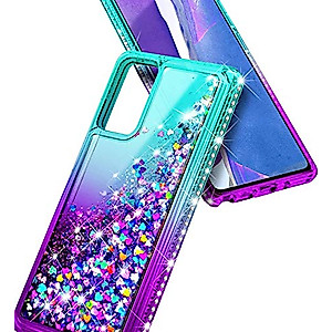 NZND Case for Samsung Galaxy A02S with Tempered Glass Screen Protector (Full Coverage), Sparkle Glitter Flowing Liquid Shiny Bling Diamond, Women Girls Cute Phone Case (Aqua/Purple)