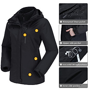 CAMEL CROWN Women's Waterproof Ski Jacket 3 in 1 Winter Coat Windbreaker Snowboard Jackets for Rain Snow Outdoor Hiking Black S
