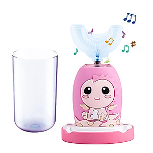 NC Kids Automatic Toothbrush with Blue Lights,U Shaped Design,USB Charging with Water Cup,IPX7 Waterproof,45s Cleans All Teeth,Pink