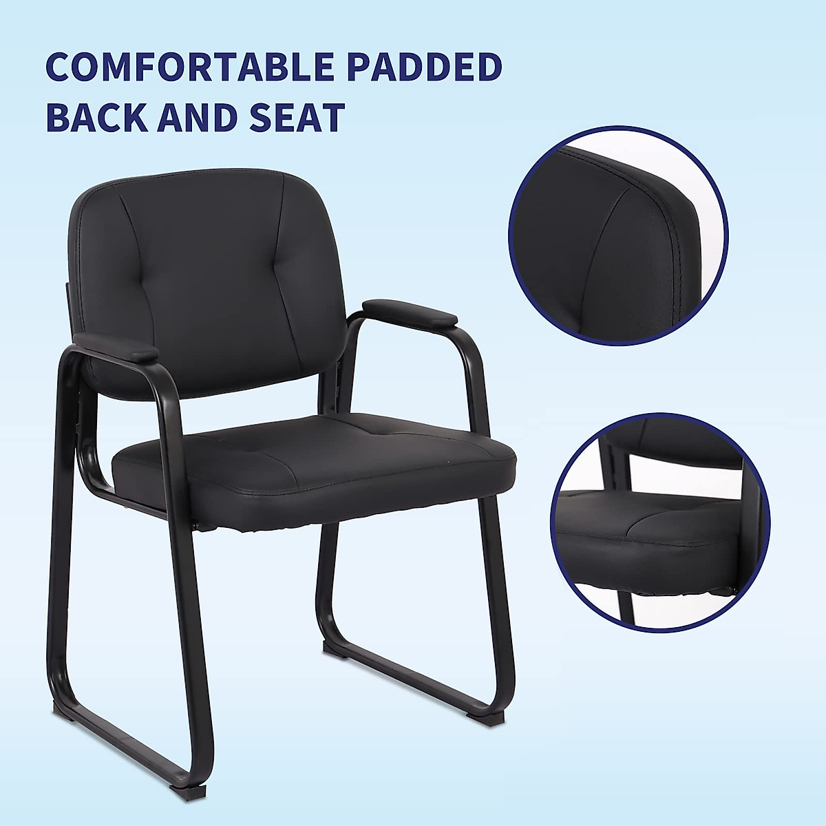 CLATINA Waiting Room Guest Chair Leather Reception Chairs with Bonded Leather Padded Arm Rest Upholstered Fabric Seat Sled Base for Conference Reception Office Home Side Desk Chair Black (2 Pack)