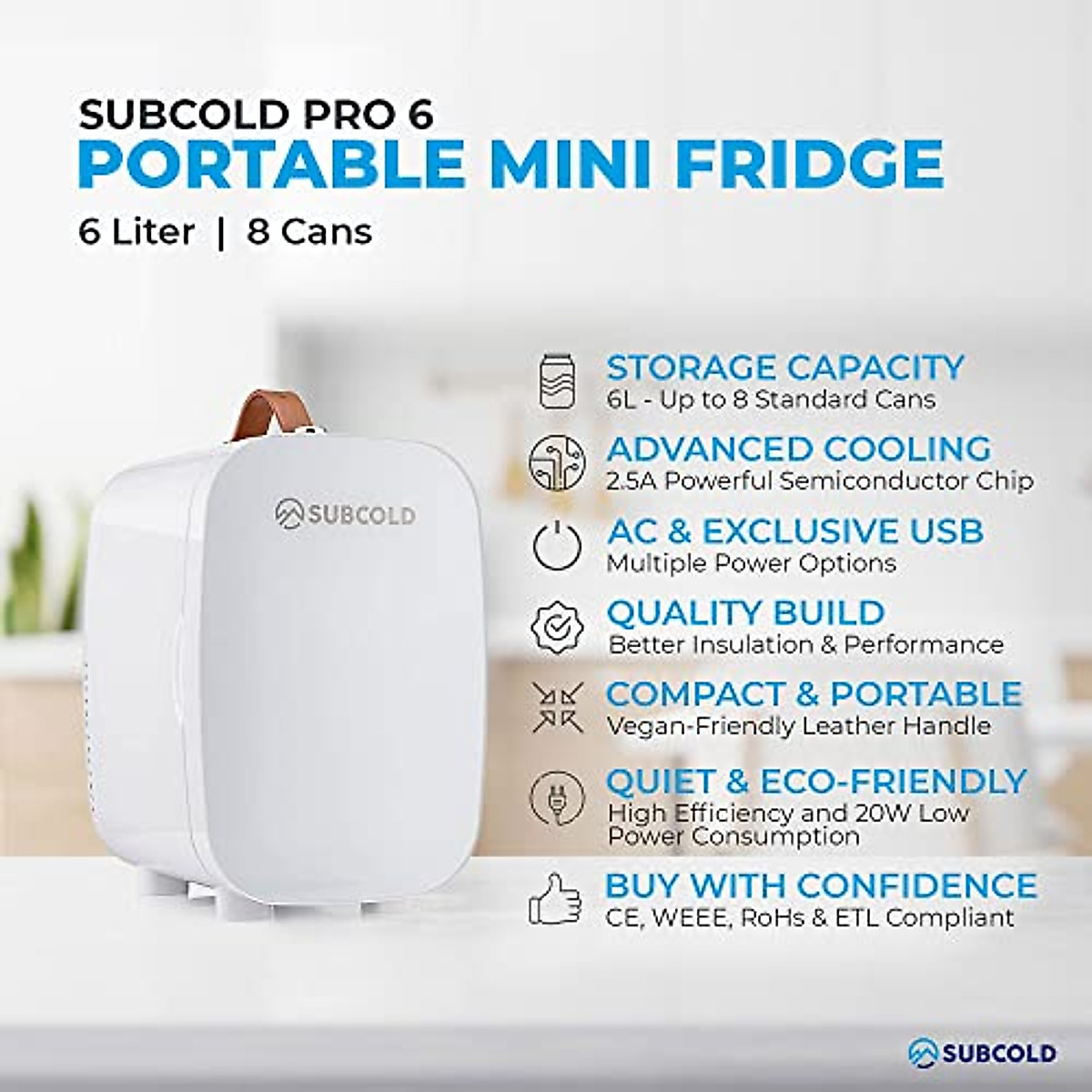 Subcold Pro6 Luxury Mini Fridge Cooler 6 Litre / 8 Cans AC & Exclusive USB Power Option Small Portable Fridge For The Office, Bedroom, Car, Skincare & Cosmetics White