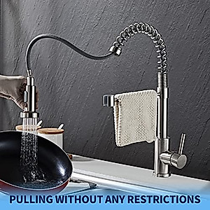 KSUCBOHAR Brushed Kitchen Faucet with Pull Down Sprayer, Solid Brass Single Handle High Arc Spring Pull Down Kitchen Sink Faucet Without Bottom Plate, Brushed