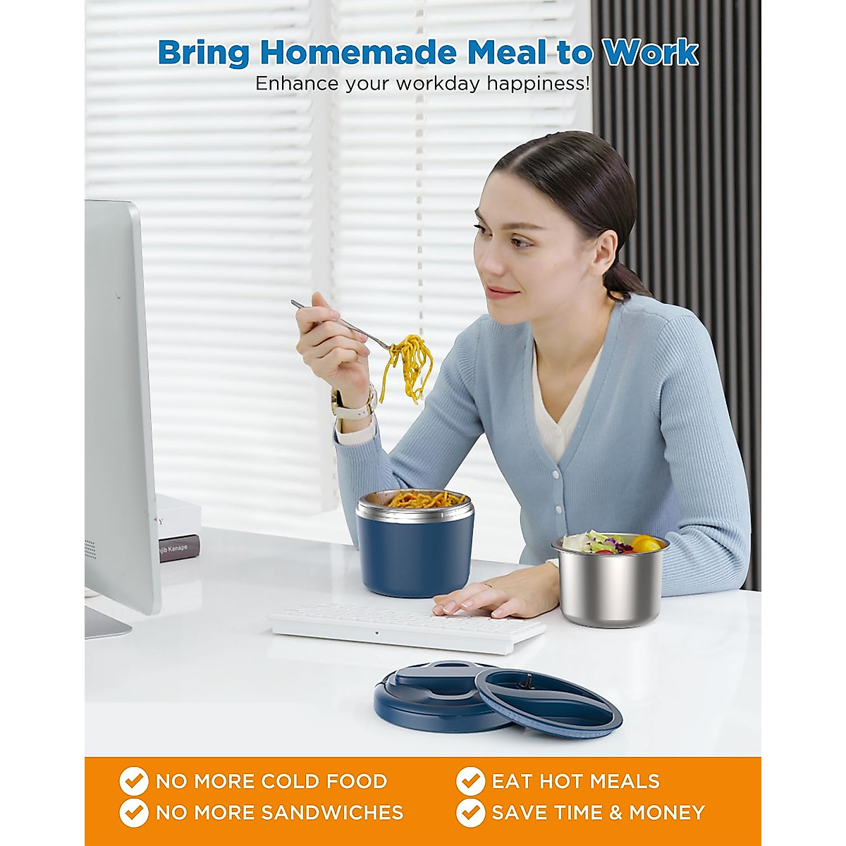 Hugmazing Electric Lunch Box Food Warmer - 105W Fast Heating Lunch Box with Dual 27-Ounce SS Containers - 110V Portable Food Heater for Travel, Office, & On-the-Go - Perfect for Men, Women, Adults