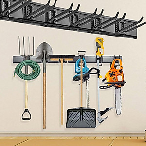 foriy Garage Clamping Garden Tool organizer Tool Storage Rack with 6 Hooks Wall Mount Tool Storage Hook Heavy Duty Garden Tool Hanger Rack for Ski Gears, Chair, Broom, Mop, Rake Shovel Yard Tools