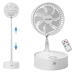 AirCover 2021 8-Inch Foldaway Oscillating Fan with Remote Control, 3-Speed, Cordless Rechargeable Standing Portable Pedestal Fan, 7200mAh Battery Operated Fan for Home Office Outdoor Camping Travel