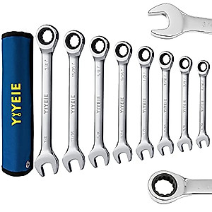 YIYEIE 8 Pc. Ratcheting Wrench Set, SAE 5/16, 3/8, 7/16, 1/2, 9/16, 5/8, 11/16, 3/4 Inch, 72 Tooth, CR-V Steel, Standard Combination Ratchet Wrench Set