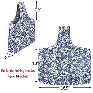 Teamoy 2 Pack Canvas Knitting Tote Bag and Knitting Needles Roll Holder for Yarn, Knitting Needles(14 Inches), Supplies and More, Perfect Size for Knitting on The Go(Large,Blue Flowers)