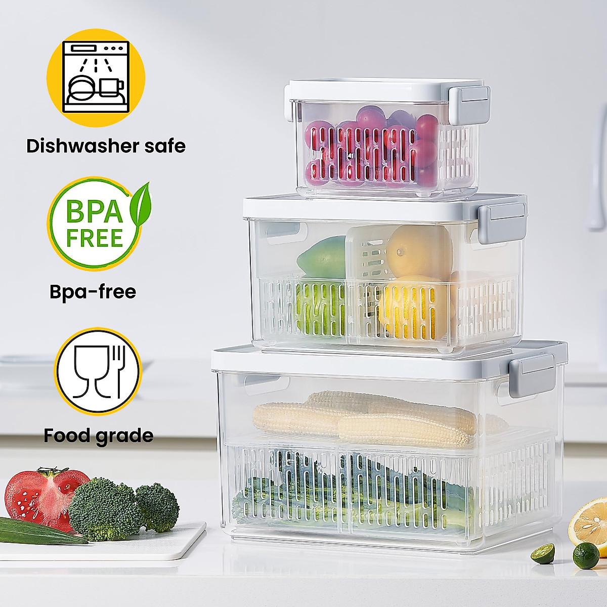 vacane Fruit Storage Containers for Fridge 3.8 Cup, Produce Containers with Colanders, Dishwasher Safe Berry Containers, BPA-Free Produce Storage Container, Keep berries Fresh