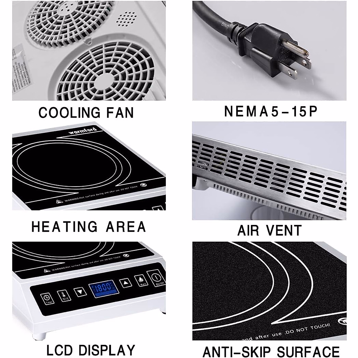 1800W Commercial Induction Cooktop Stainless Steel Burner Countertop Temp Settings from 140°F to 465°F 120V Stove Electric Burner NSF-Certified with LCD Screen and ANTI-SKIP Surpace
