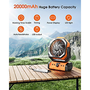 Peouix Portable Rechargeable Camping Fan - 20000mAh Cordless Battery Powered Fan with LED Lantern, Remote Auto Oscillating USB C Table Battery Operated Tent Fan for Travel Outdoor Beach