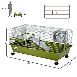 PawHut 35" Small Animal Cage Chinchilla Guinea Pig Hutch Ferret Pet House with Platform Ramp, Food Dish, Wheels, & Water Bottle