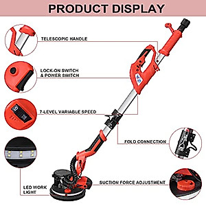 Seeutek Drywall Sander with Vacuum,800W Electric Sander,7 Variable Speed Power Sander,800-1750 RPM Wall Sander with Extendable Handle, LED Light, Long Dust Hose, Storage Bag,12pcs Sanding Paper