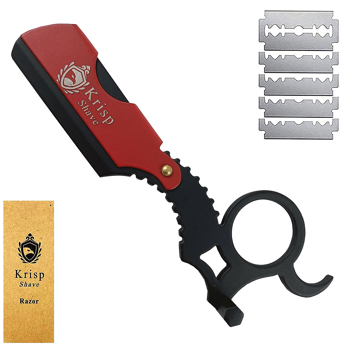 Professional Straight Razors For Men, Barber Razors Straight Edge Razor Kit For Close Shaving - Beard Cut Throat Finger Razor Safety Shavette With 10 Shaving Blades By Krisp Beauty (Black/Red)