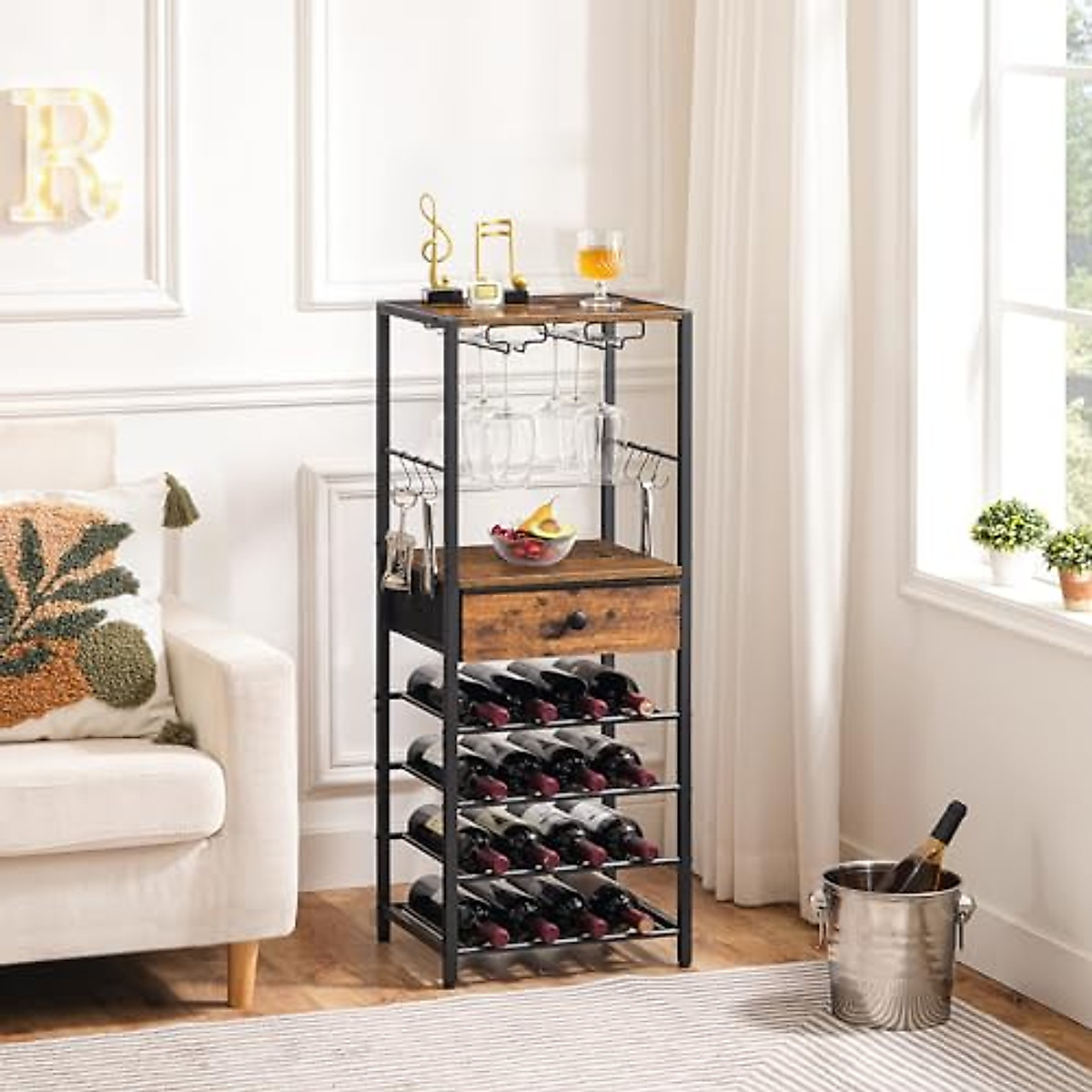 HOOBRO Wine Rack Freestanding Floor, 16-Bottle Wine Storage Rack with Non-Woven Fabric Drawer and Hooks, Wine Rack Table, Bar Cabinet for Kitchen, Dining Room, Bar, Rustic Brown and Black BF10JJ01