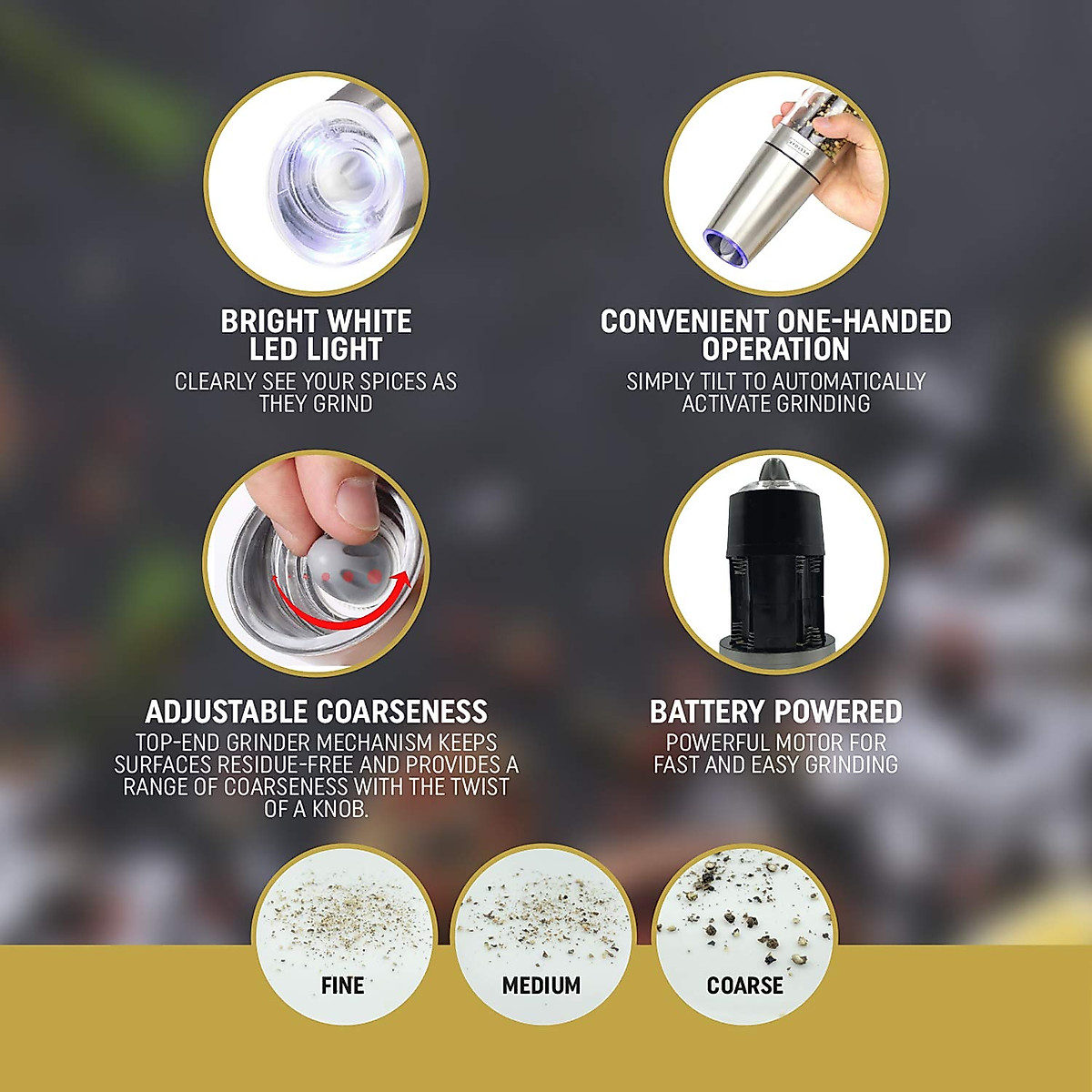 Gravity Electric Pepper Grinder or Salt Mill | White LED Light | Easy One-Handed Automatic Use | Battery Powered | Adjustable Coarseness | Brushed Stainless Steel | By Westoak