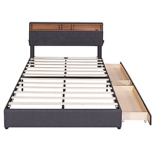 ccko Queen Size Bed Frame with Storage Headboard, USB Charging Station and 2 Drawers, No Box Spring Needed Upholstered Platform Bed Frame with LED Light Strip, Dark Gray(Not Include Mattress)