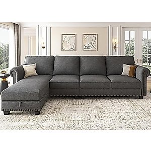 Nolany Convertible Sectional Sofa L-Shape Sectional Couch with Reversible Chaise 4 Seat Sectional Sofa Couch for Small Space Dark Grey