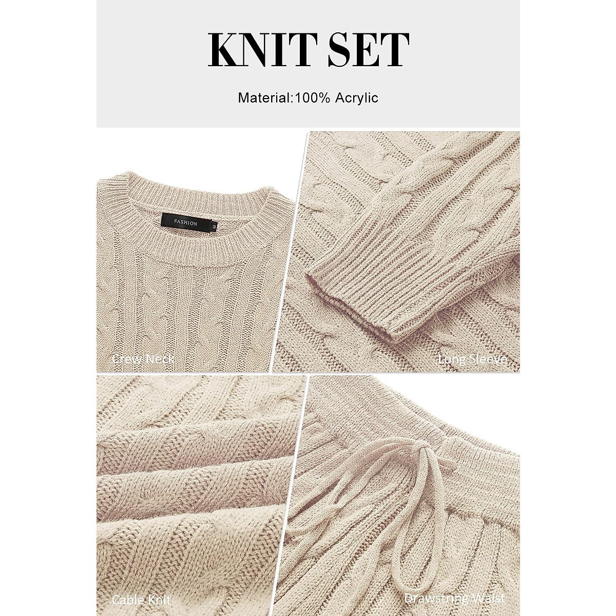 ZESICA Women's Casual 2 Piece Sweater Sets Long Sleeve Cable Knit Pullover Tops and Drawstring Shorts Sweatsuit Outfits,Apricot,Small