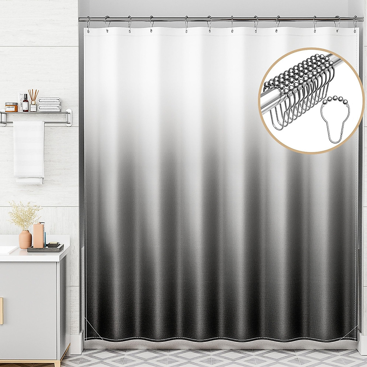 AmazerBath Fabric Shower Curtain Set, Ombre Black Shower Curtain with 12 Shower Curtain Hooks, Rustic Cloth Black and White Shower Curtain, Cute Washable Bathroom Shower Curtain Sets, 72x72 Inches