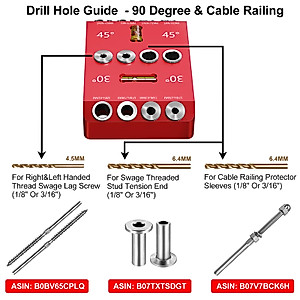 CKE 30 45 90 Degree Angle 4 Sizes Drill Hole Guide Jig with 3 Drill Bits for Angled Straight Hole, Deck Cable Railing Lag Screw Drilling Template Block for Horizontal Cable Wood Post Handrail DG02