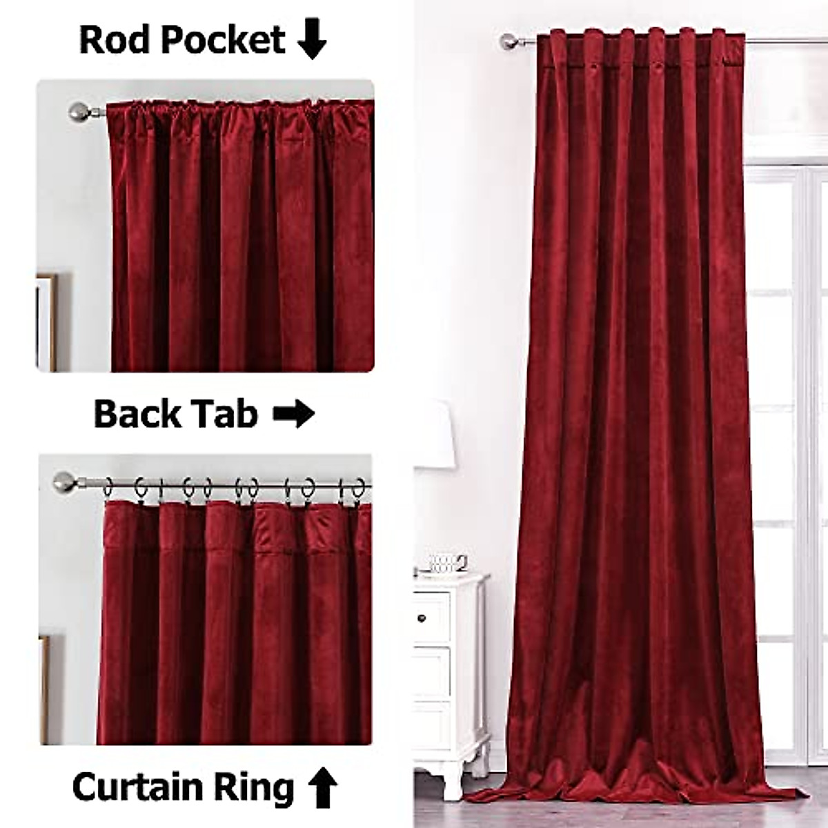Benedeco Red Velvet Curtains for Bedroom Window with Back Tab, Super Soft Vintage Luxury Heavy Drapes, Room Darkening Thermal Insulated Curtain for Living Room, W52 by L96 inches, 2 Panels