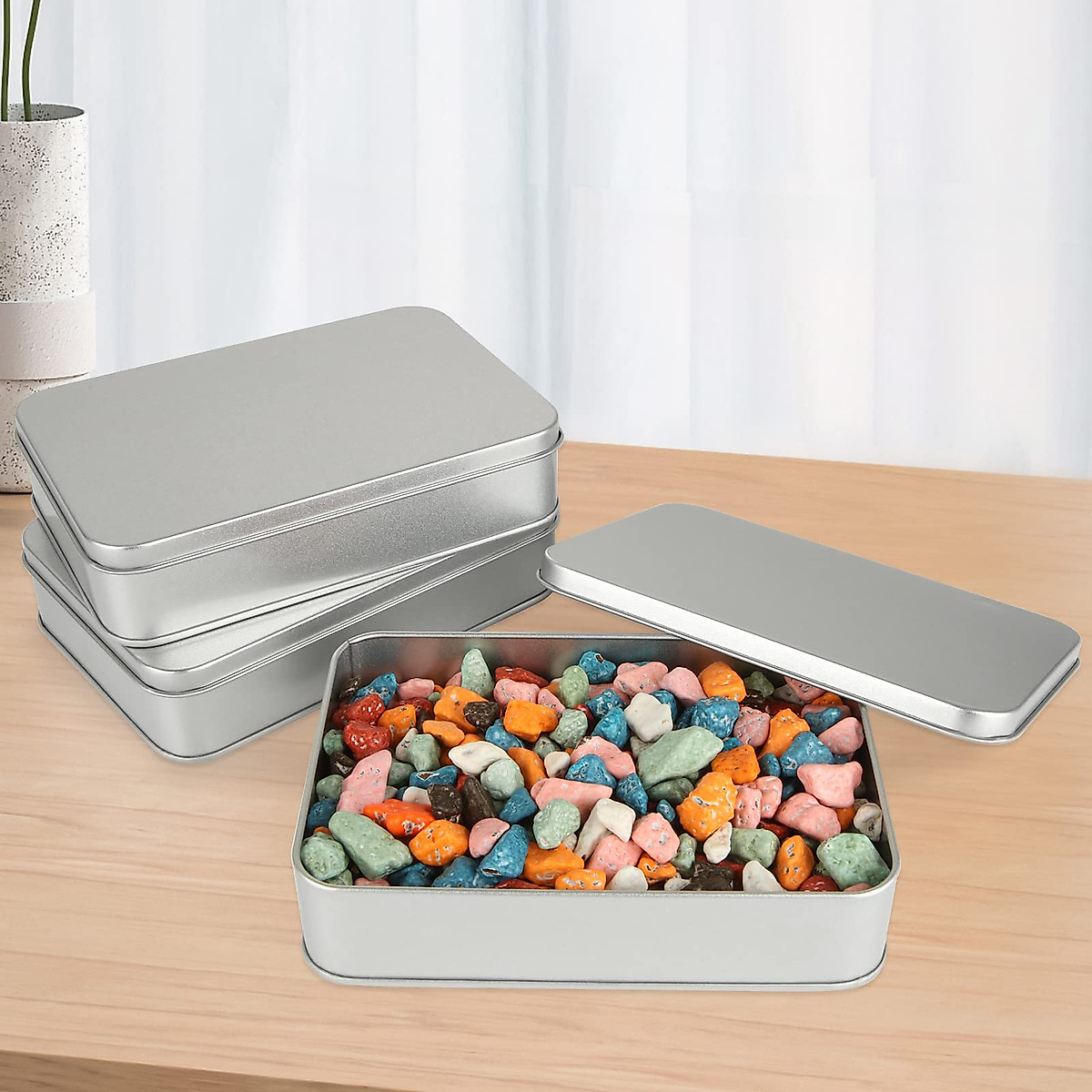 ACXFOND 8 Pack Empty Metal Tins Box with Lid - Cookie Tins Silver Metal Rectangular Tin Box Lids for Treats, Gifts, Favors, Candle and Crafts (6.2 x 4.3 x 1.4 Inches)