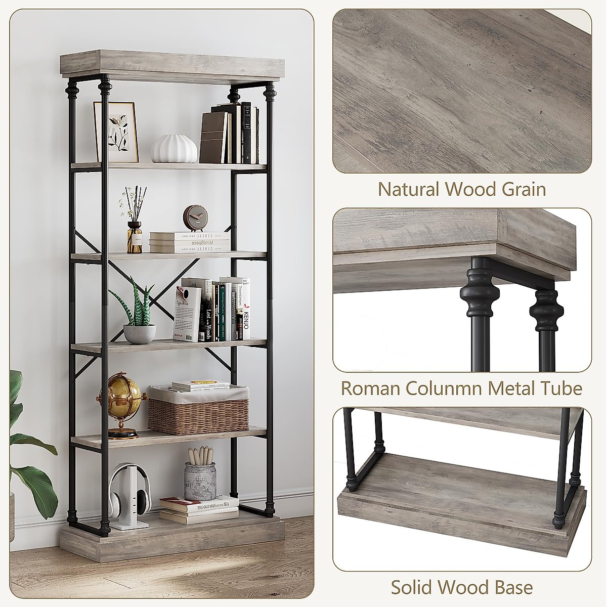 IDEALHOUSE Industrial Bookshelf Wood Bookcase 6 Tier Storage Open Rack Shelf with Metal Frame Rustic Tall Standing Bookshelves Large Grey Display Rack for Bedroom,Living Room and Home Office