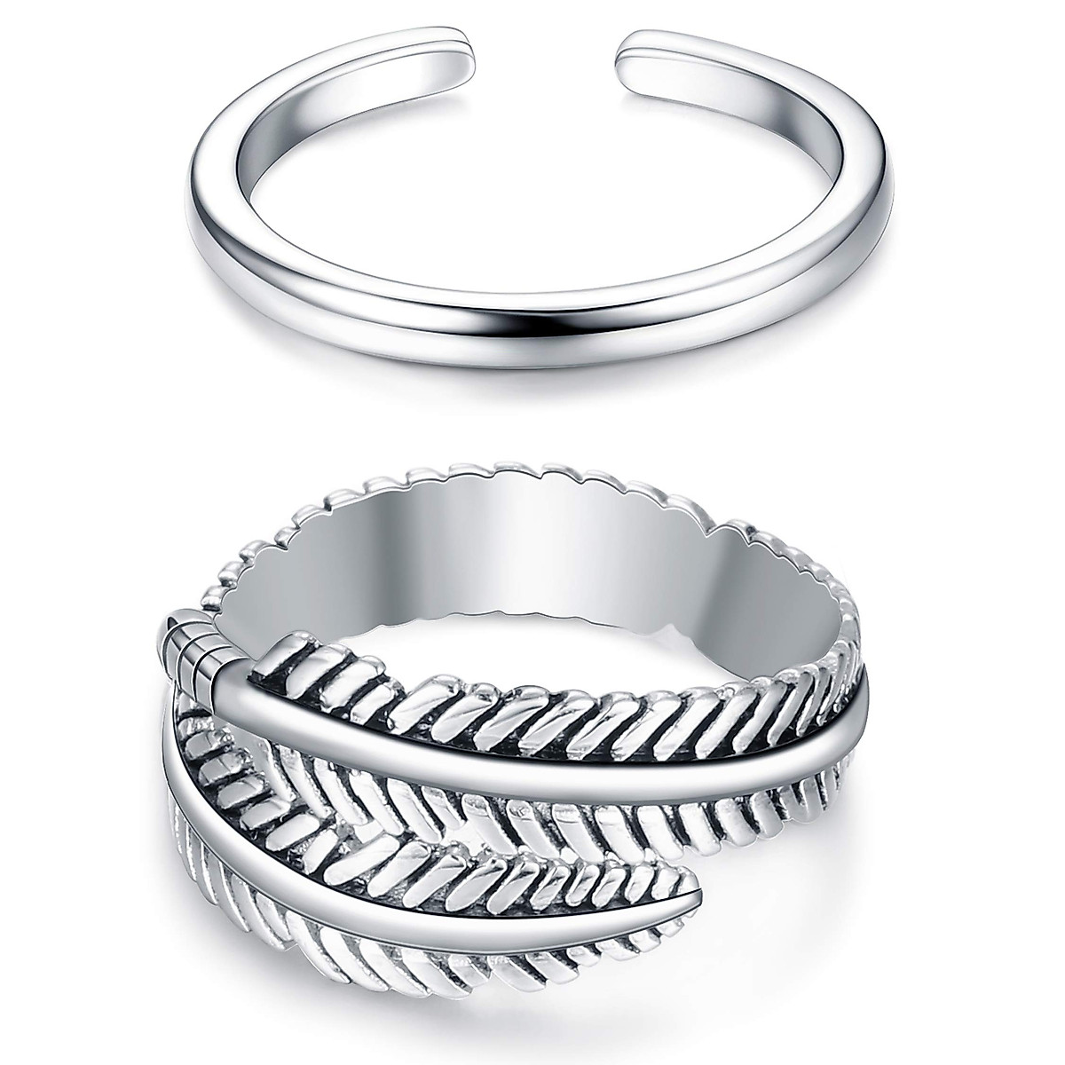 JOERICA 925 Sterling Silver Rings for Women Adjustable Feather Ring Statement Leaf Ring Open Stackable Plain Wedding Band Ring