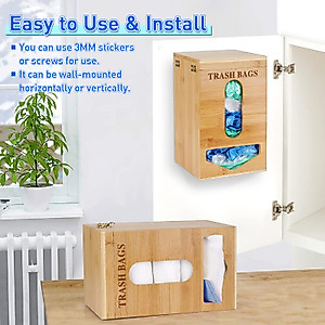 Jolensoy Trash Bag Holder Grocery Bag Holder Bamboo Garbage Bag Holder Wall Mounted Double Easy-Access Opening for Home Kitchen Cabinet Organization (Bamboo color)