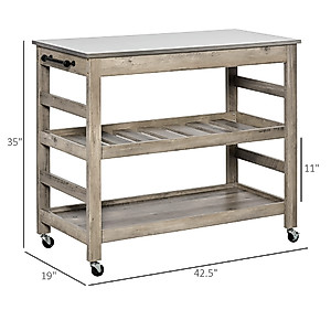 HOMCOM Rolling Kitchen Cart with Stainless Steel Countertop, 1 Bottom Shelf, 1 Slotted Middle Shelf and 4 Castor Wheels, Grey