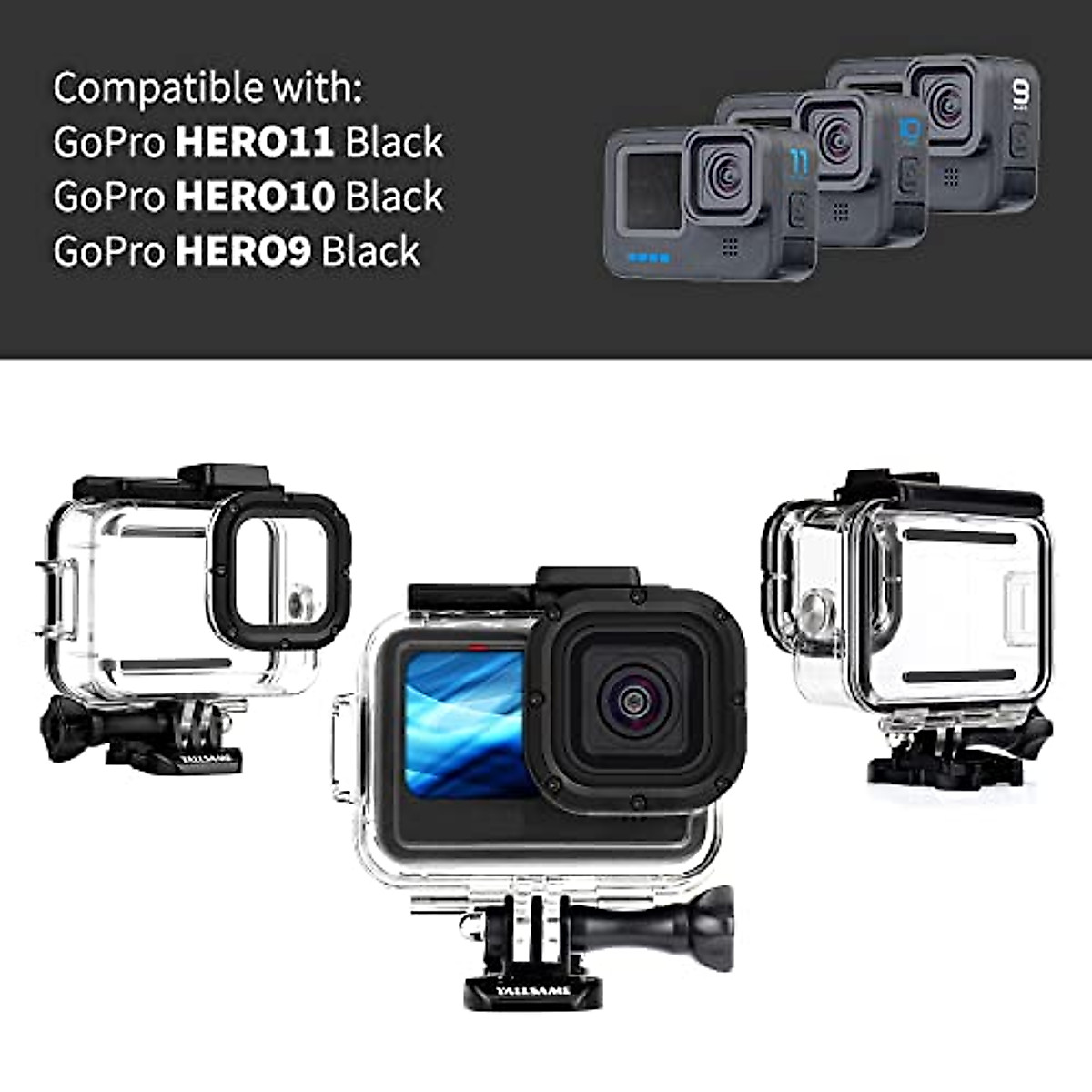YALLSAME Waterproof Case Dive Housing for GoPro Hero 11 10 9 Black Action Camera, Support Deepest 196 ft Underwater Pritective, Ideal for GoPro 11 10 9 Scuba Diving Snorkeling Underwater Photography