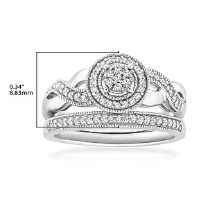 .925 Sterling Silver 1/4 Cttw Diamond Cluster Halo Milgrain Eternity Engagement Ring & Wedding Band Bridal Set (H-I Color, I1-I2 Clarity) - SIze 8