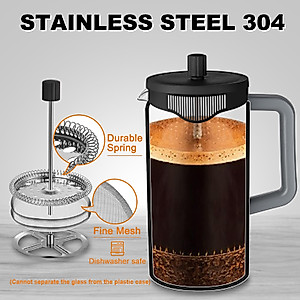 YOLIFE French Press Coffee Maker, 21 oz Small Coffee Tea Press with Heat-resistant Borosilicate Glass, 4-Level Filtration Systems, Portable Coffee Pot for Camping Travel Gifts, Grey and Black