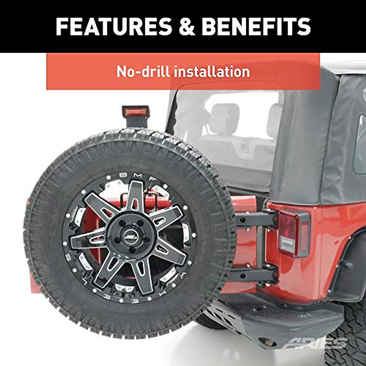 ARIES 2563000 Jeep Wrangler JK Heavy-Duty Adjustable Rear Door Spare Tire Carrier for Up to 37-Inch Wheels