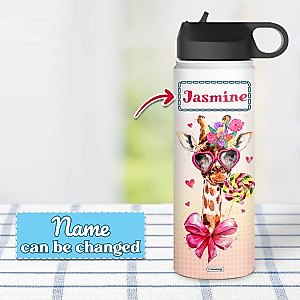 wowcugi Personalized Giraffe Watercolor Water Bottle for Women Girls Kids Bottles Reminder Travel Cup 12oz 18oz 32oz Custom Giraffe Gifts for Animal Lovers Back To School Birthday Christmas