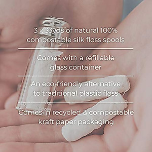 Biodegradable Dental Floss by TreeBird | Refillable & Reusable Zero Waste Glass Dispenser | 3x33yd Waxed Natural Cruelty Free Peace Silk Spools | 100% Compostable | Eco Friendly Plastic Free Oral Care