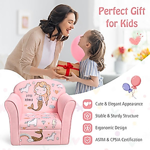 Fireflowery Kid's Sofa, Children Armrest Chair w/Cartoon Pattern & High Back, High-Resilience Sponge Cushion, Lightweight Toddler Furniture for Girls (Pink, Mermaid)