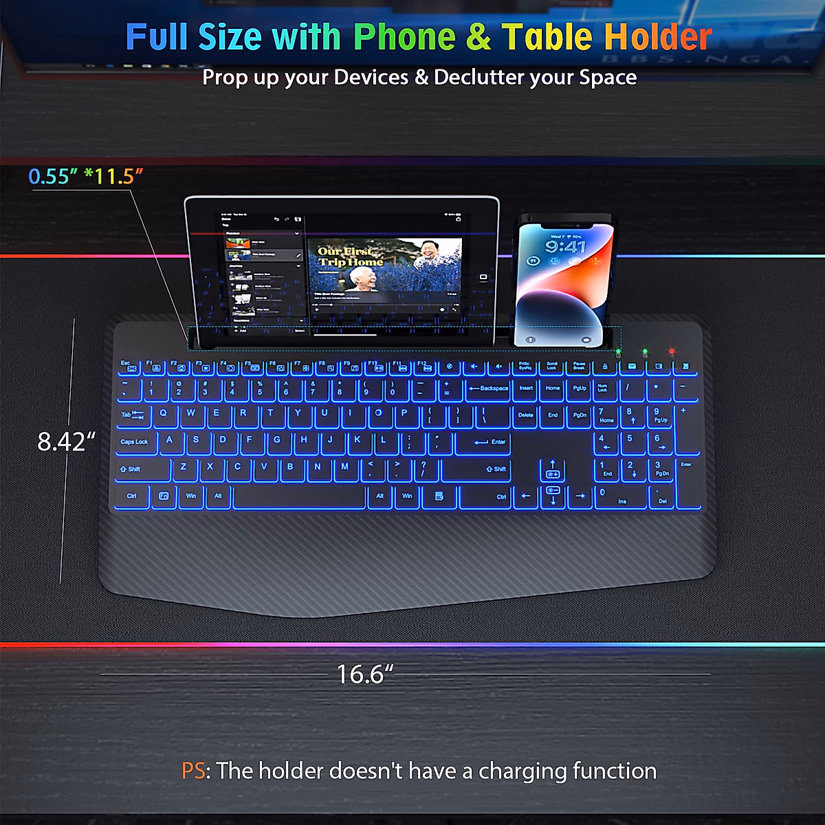 SABLUTE Wireless Keyboard with 7 Colored Backlits, Wrist Rest, 2.4G Computer Gaming Keyboard with Phone Holder, Rechargeable Full Size Ergonomic Keyboard with Silent Keys for MacBook, PC, Laptop